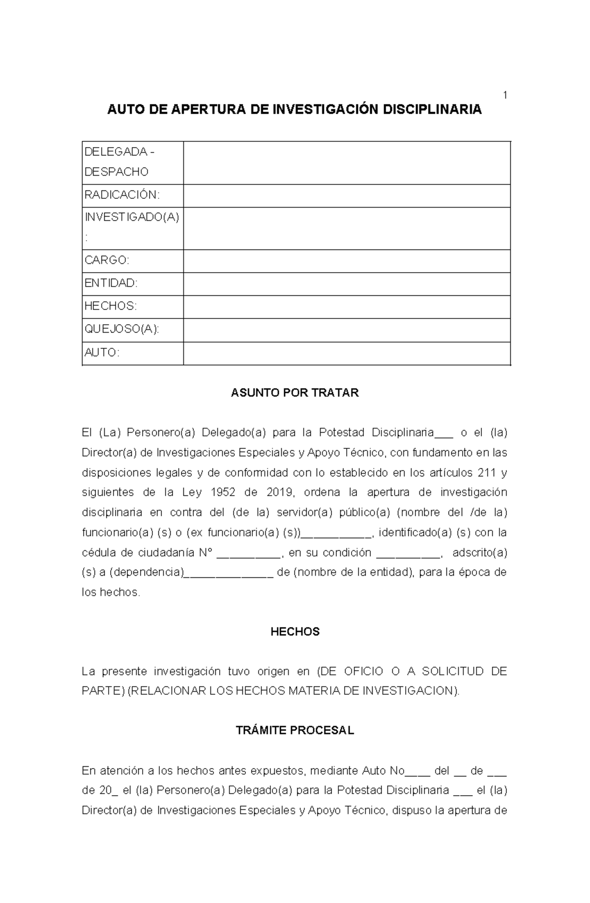 Formato de Auto de Apertura de Investigación Disciplinaria - Studocu