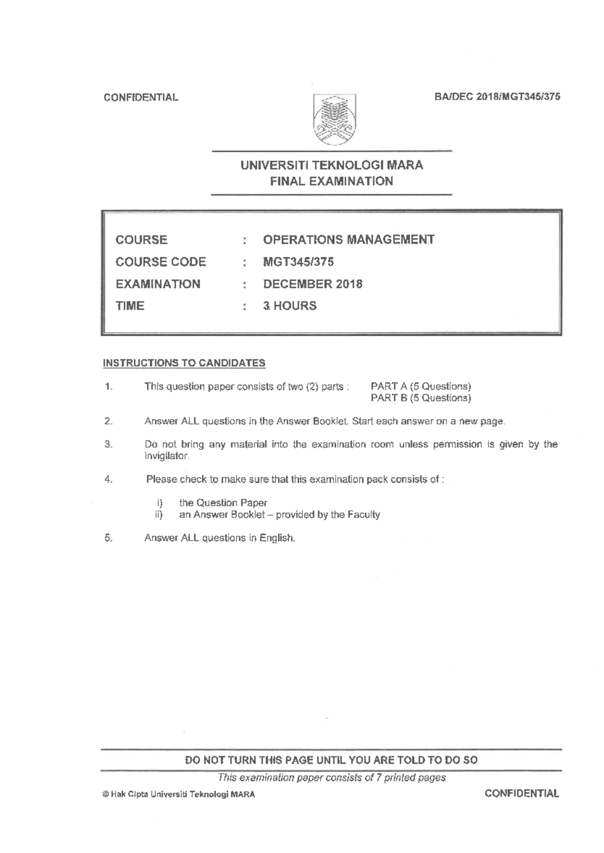 DEC2018 - Operations Management Final Exam Question Paper - Studocu