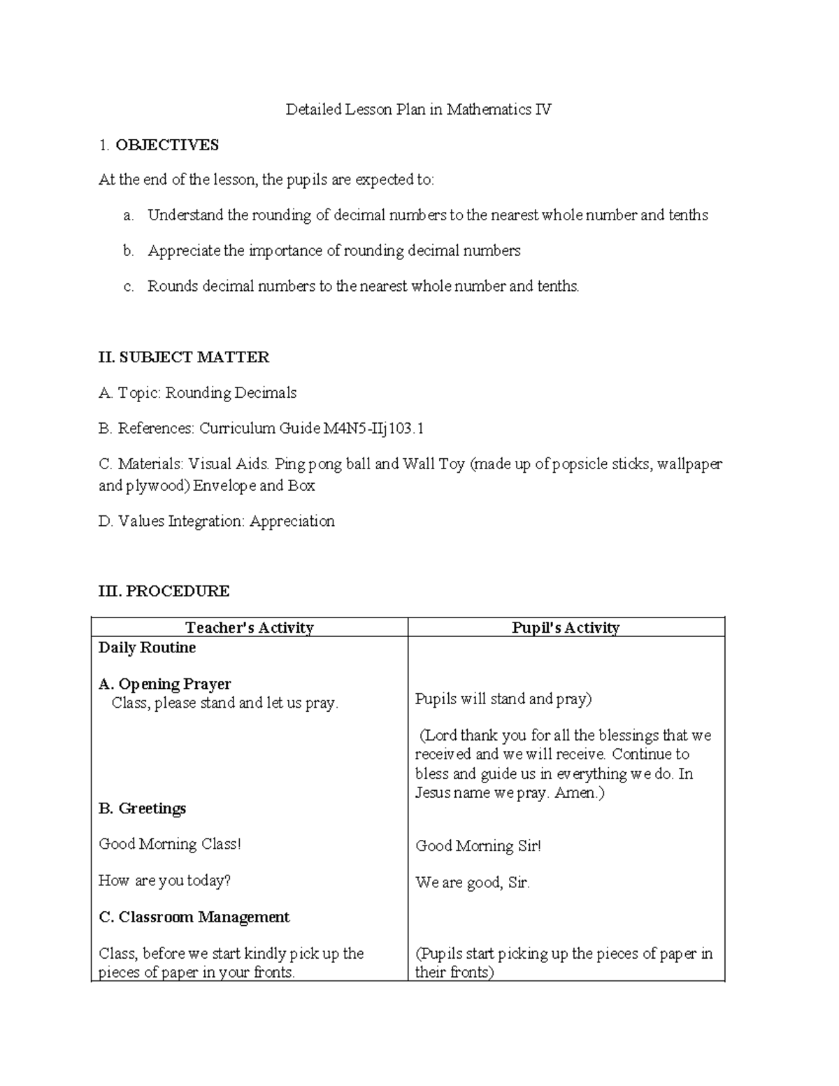 Mathematics IV: Detailed Lesson Plan on Rounding Decimals - Studocu