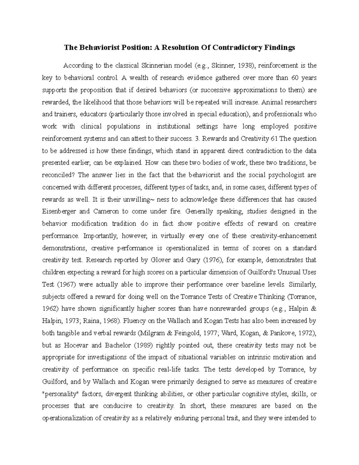 The Behaviorist Position- A Resolution Of Contradictory Findings ...