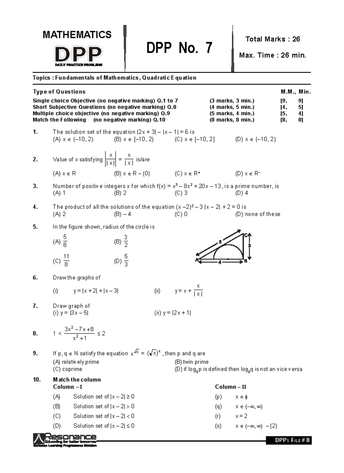 MATHEMATICS DPP No. 7: Fundamentals & Quadratic Equations - Studocu