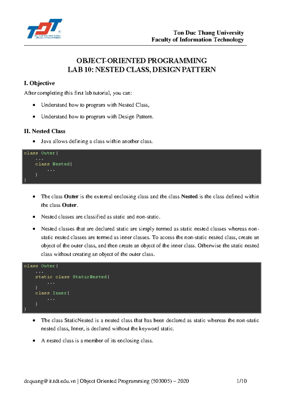 Lab 10: Nested Class & Design Patterns in OOP (503005) - Studocu