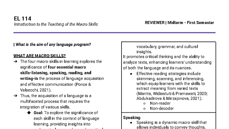EL 114 Midterm Reviewer: Teaching Macro Skills in Language Learning ...