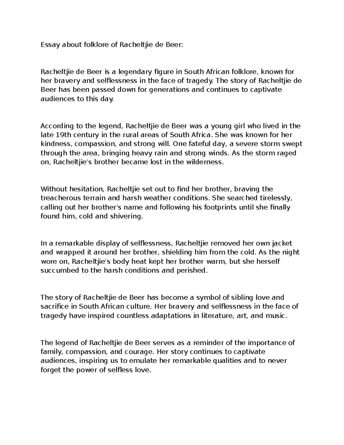 Essay on the Folklore of Racheltjie de Beer - SA Culture Study - Studocu