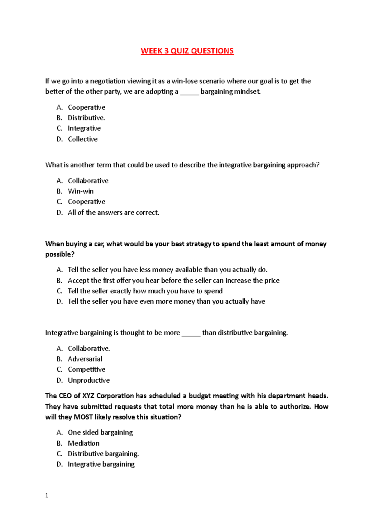 MGH2202 Week 3 Quiz: Key Concepts in Negotiation Strategies - Studocu