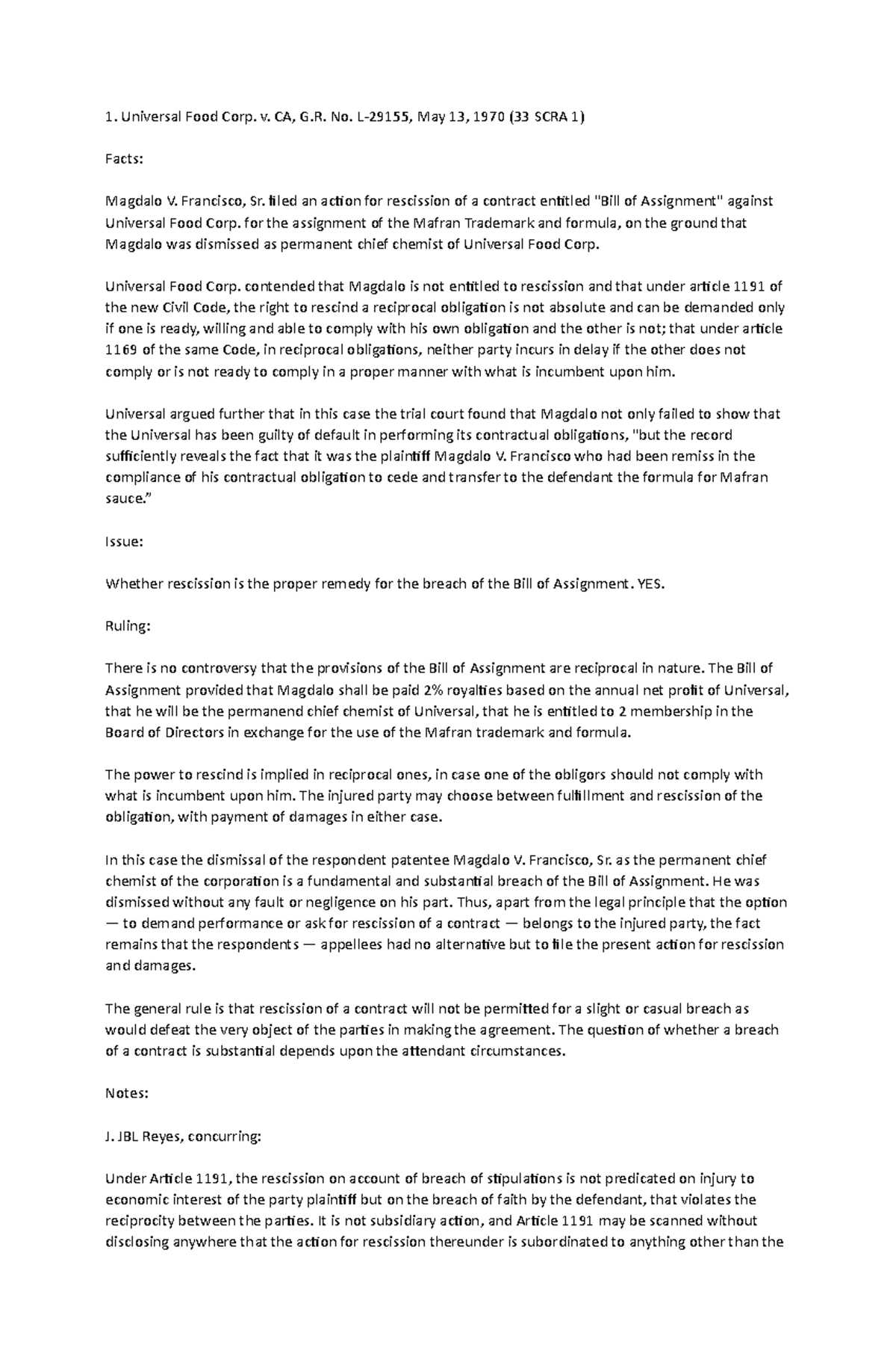 Case Study: Universal Food Corp v. CA, G.R. No. L-29155 (1970) - Studocu