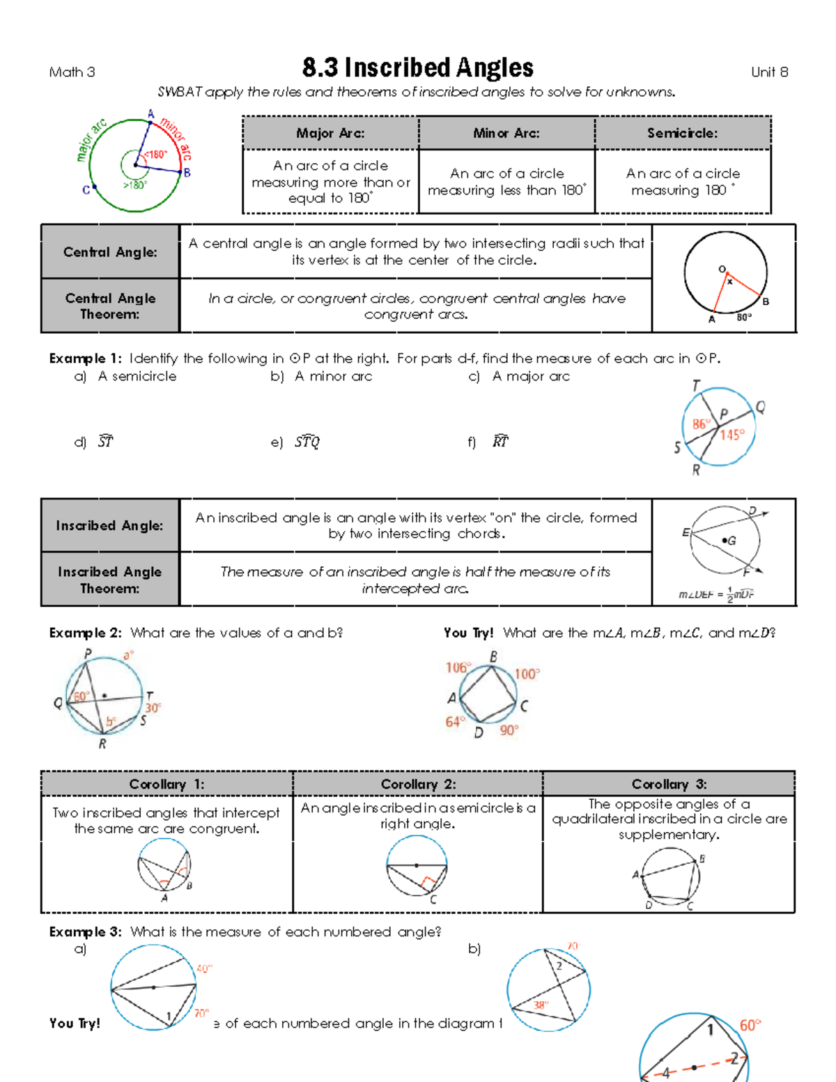 8.3 Inscribed Angles - Math 3 Unit 8 Study Guide - Studocu