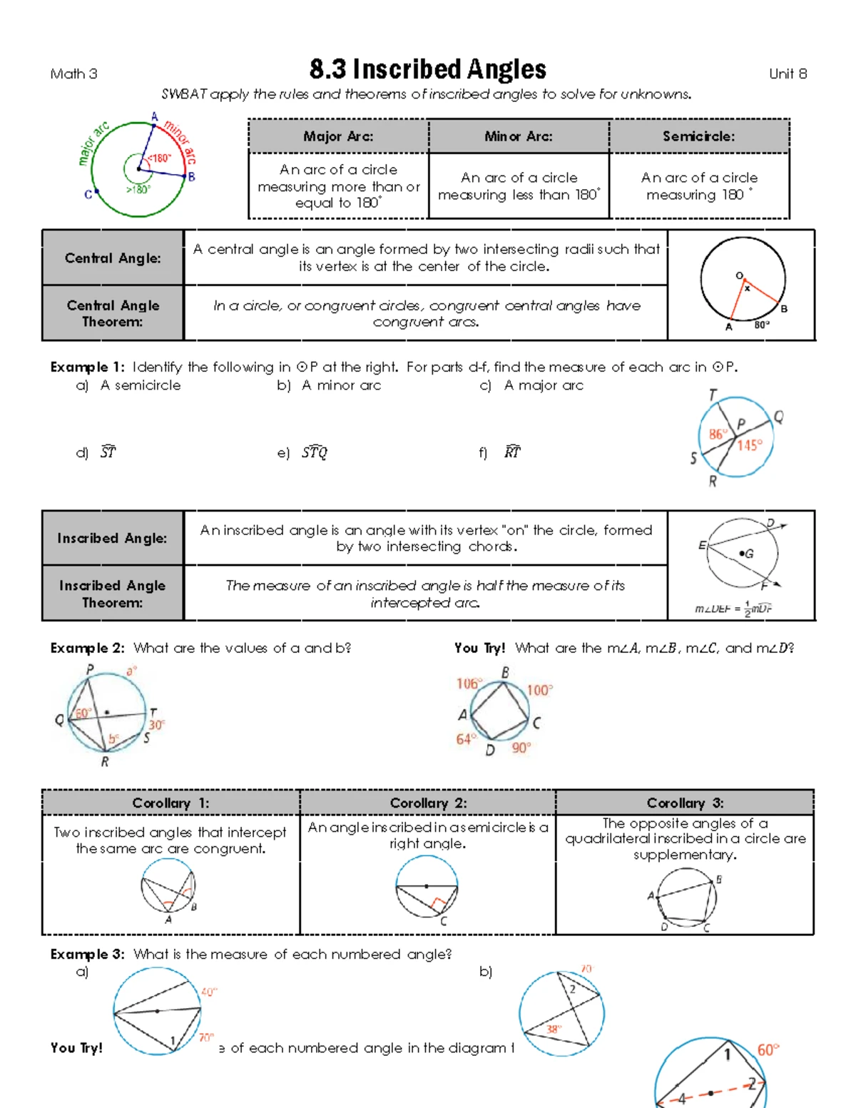 Math 3 Unit 8: Angle Measures & Segment Lengths Theorems - Studocu
