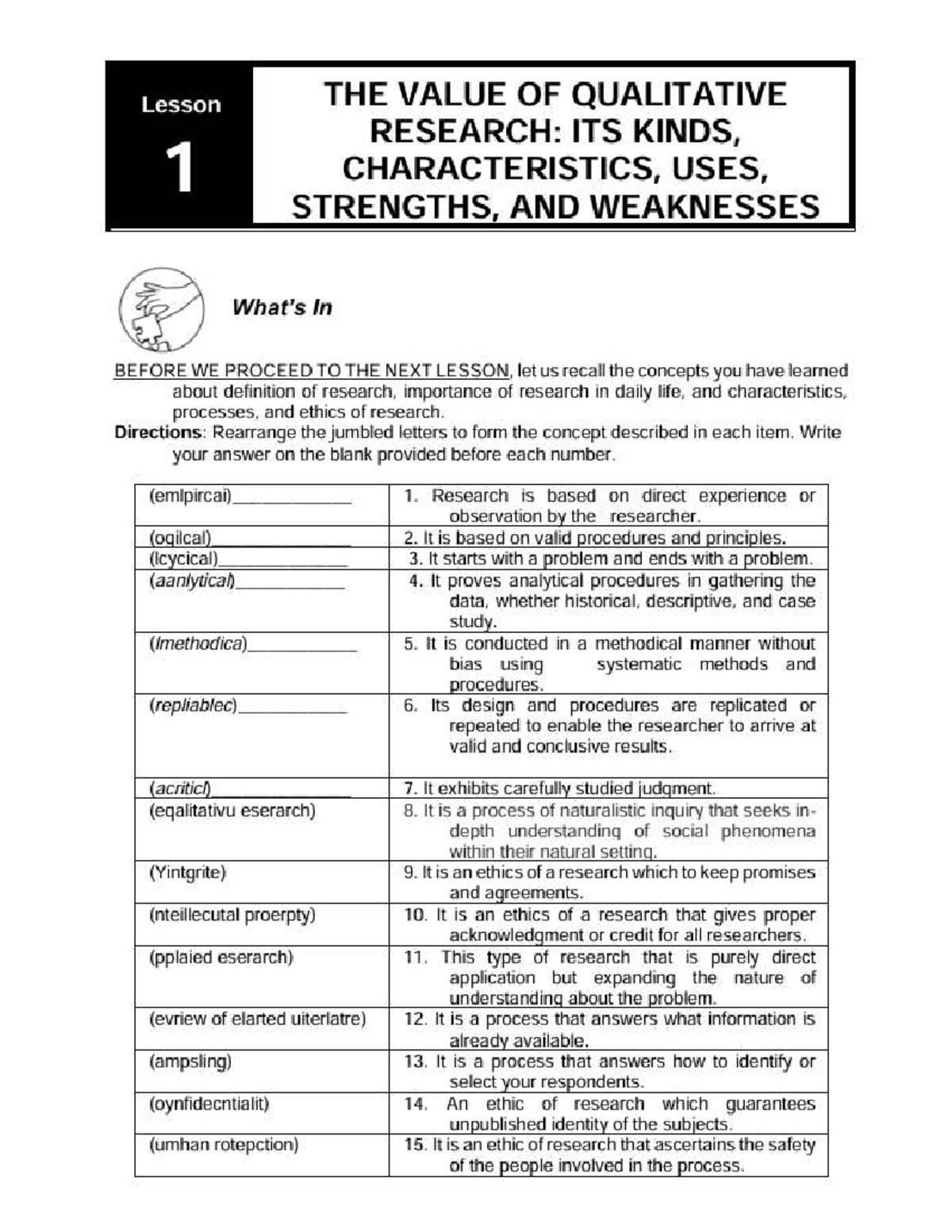 Grade 11 - PR1 Lesson: The Value of Qualitative Research - Studocu