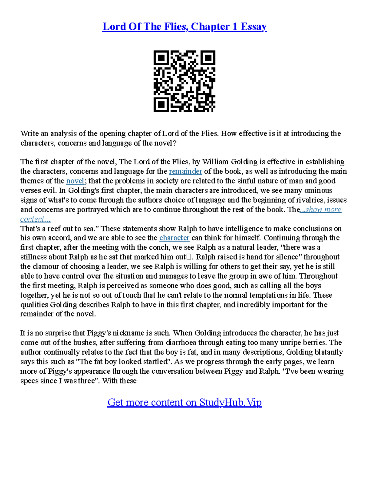 Lord Of The Flies (ENG 101) Chapter 1 Character Analysis Essay - Studocu