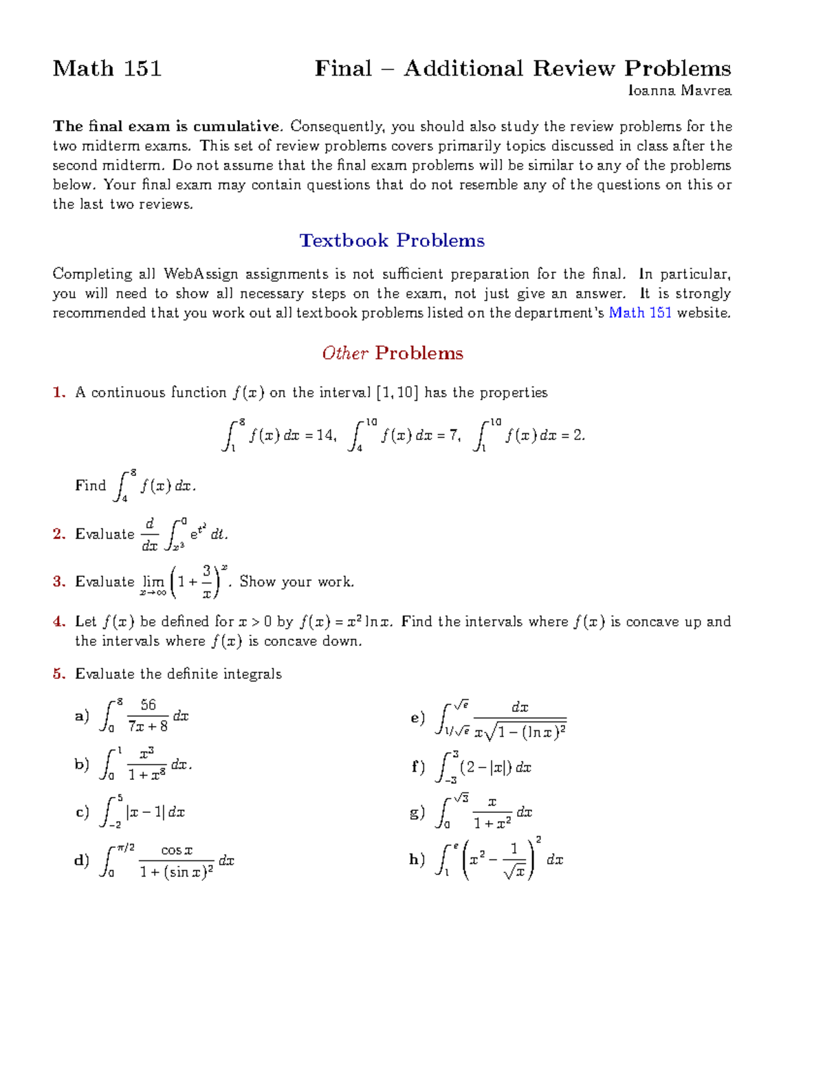 Final Exam Review with Answers Spring 2019 - Math 151 Final ...