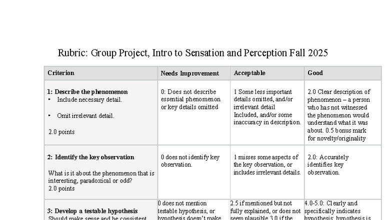 Group Project Rubric: Intro to Sensation and Perception (Fall 2025 ...