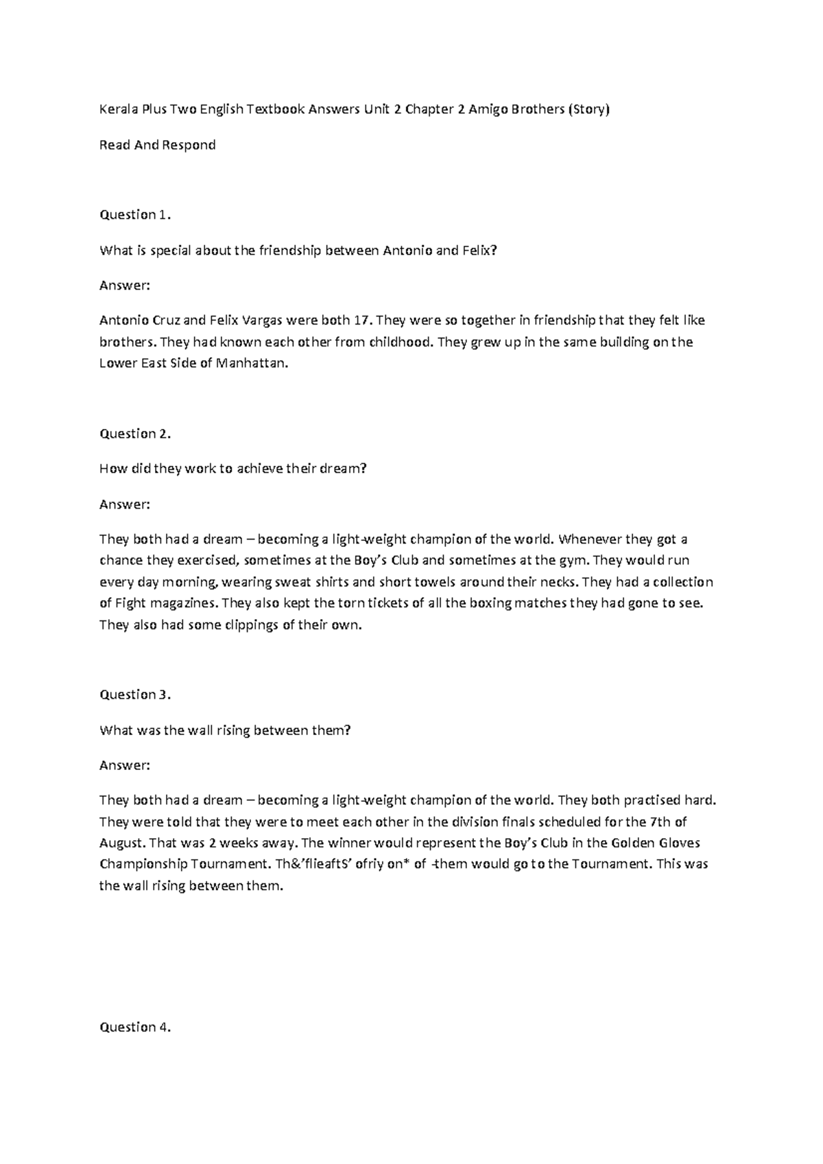 Unit 2 Chapter 2 Amigo Brothers - Kerala Plus Two English Textbook ...