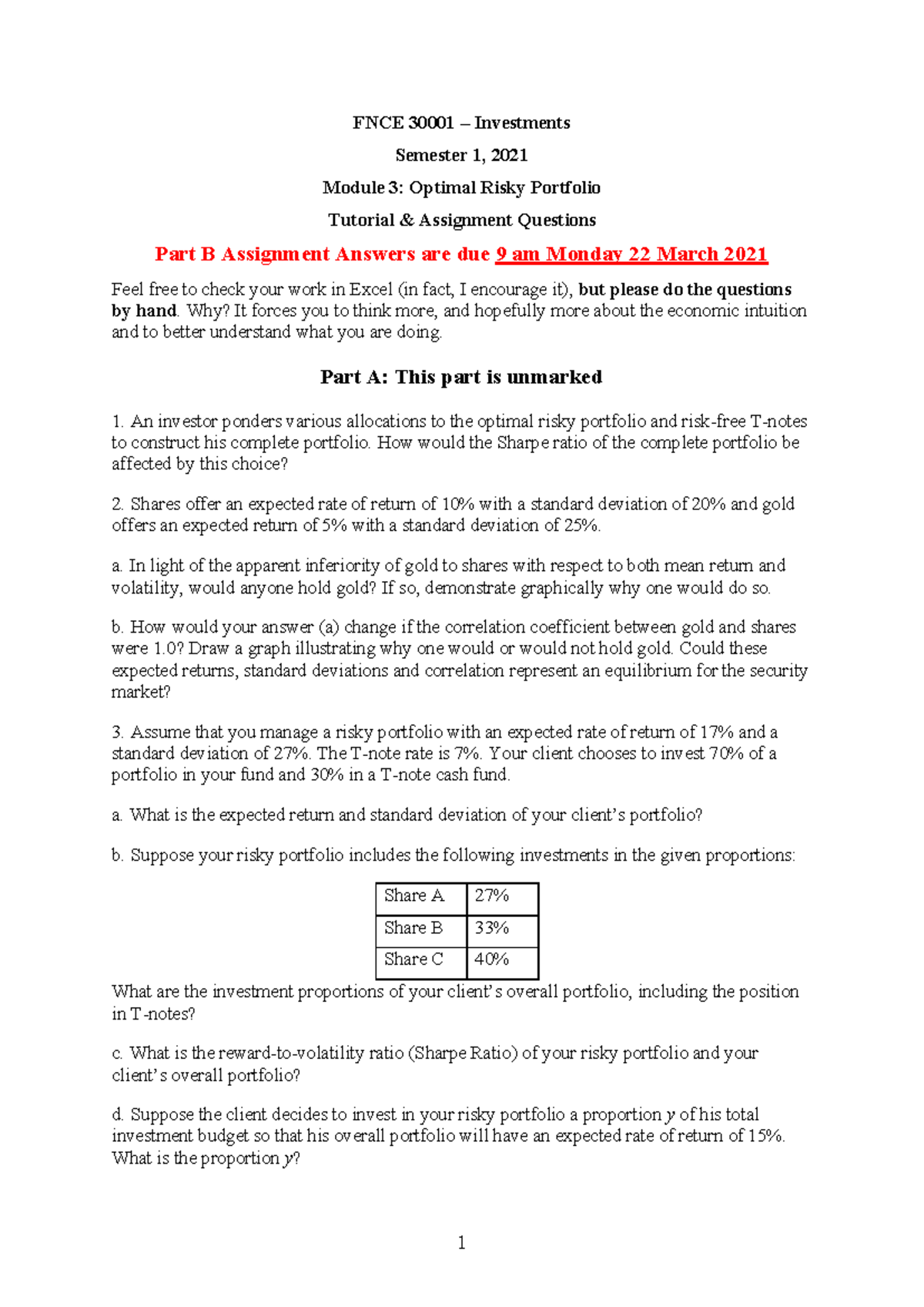FNCE 30001 – Investments: Assignment 3 on Optimal Risky Portfolio ...