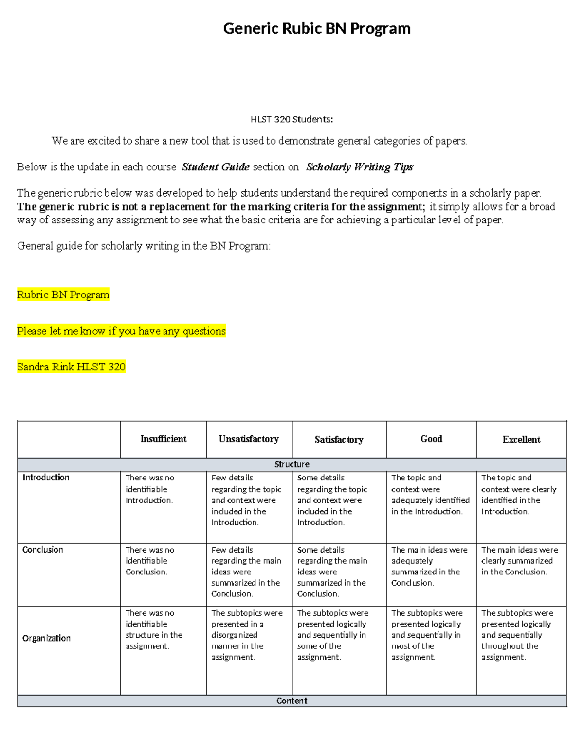 Generic Rubric BN Program - Generic Rubic BN Program HLST 320 Students ...