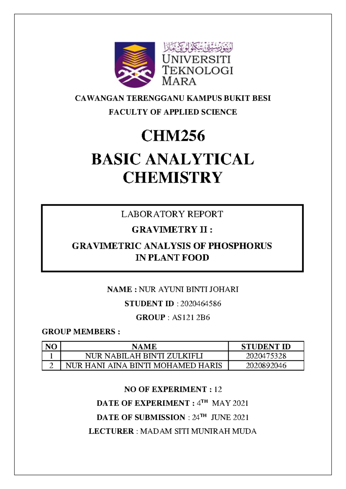 CHM256 LAB Report EXP 12 - Basic Analytical Chemistry - UiTM - Studocu