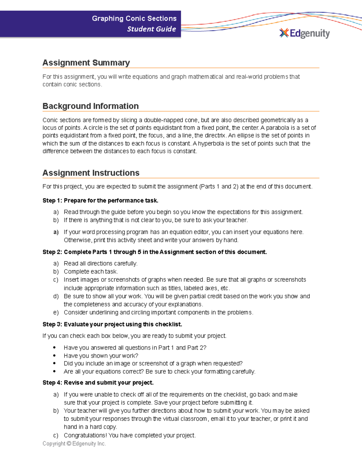 Performance Task - Graphing Conic Sections - Student Guide - Studocu