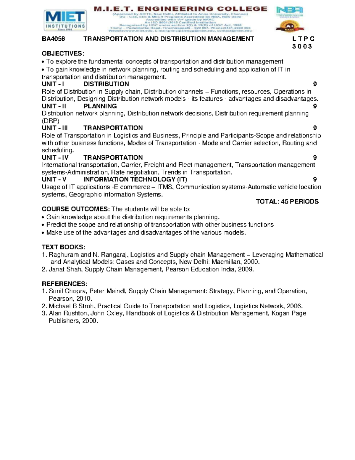 BA4056 TRANSPORTATION AND DISTRIBUTION MANAGEMENT - Course Overview and ...