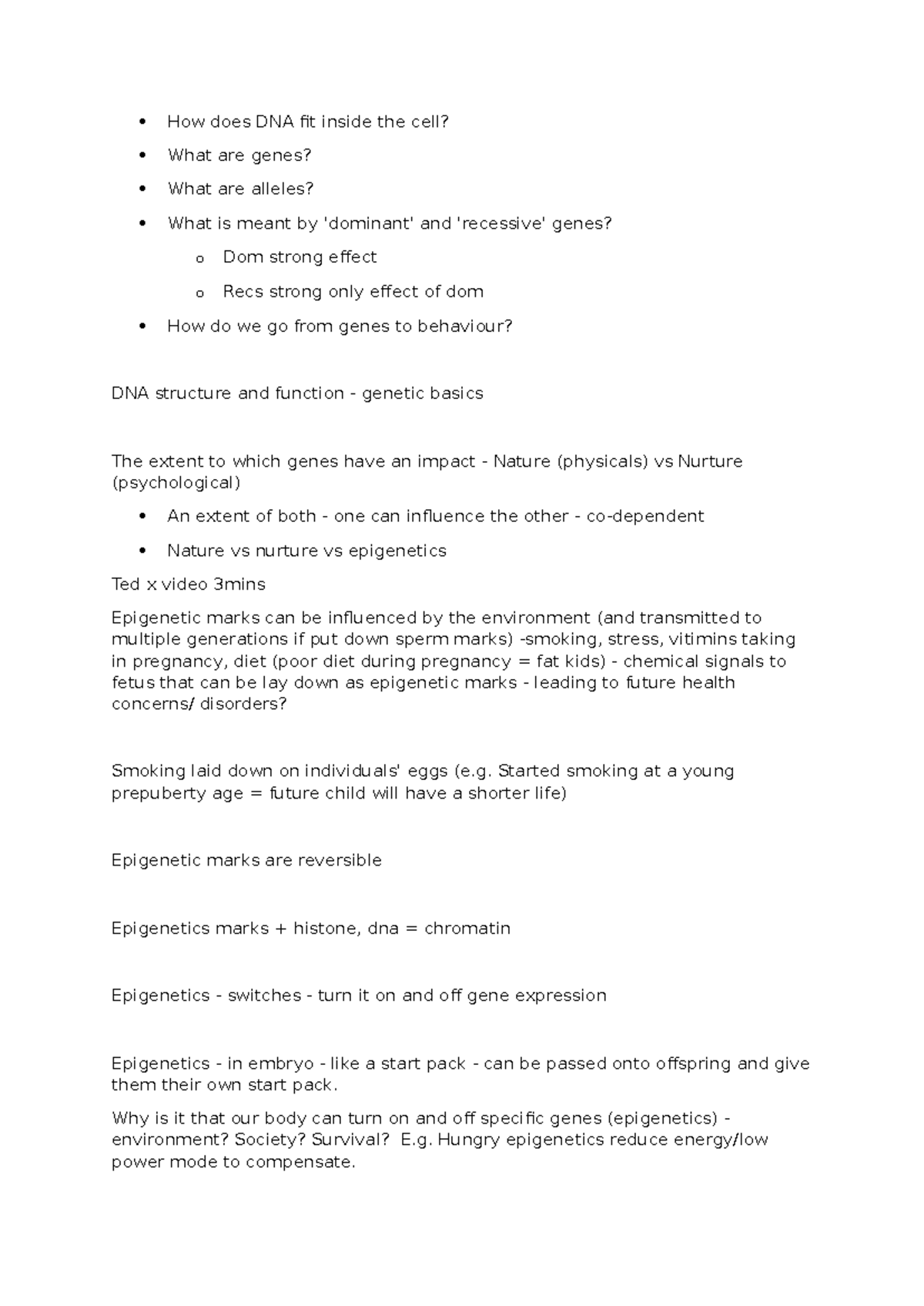 PYB304 Tutorial Notes: DNA, Genes, and Epigenetics Overview - Studocu