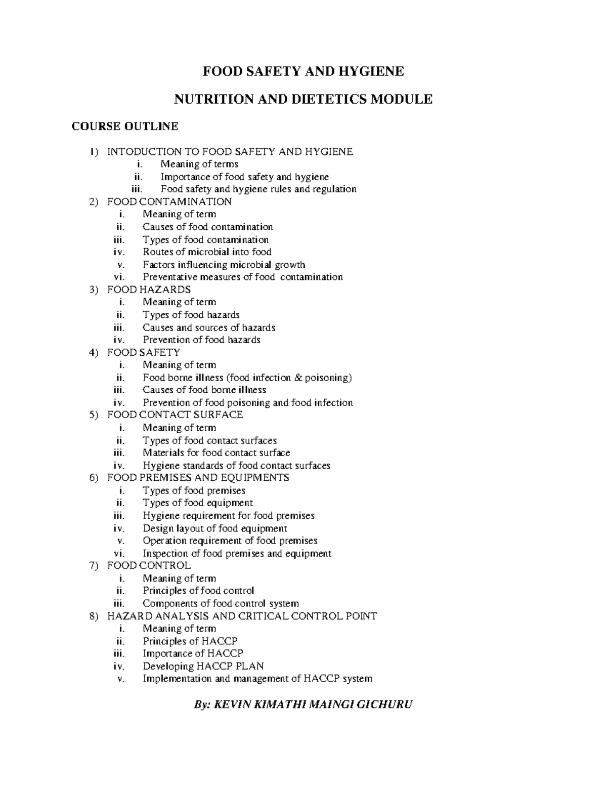 FOOD SAFETY AND HYGIENE MODULE OUTLINE (NUTRITION & DIETETICS) - Studocu