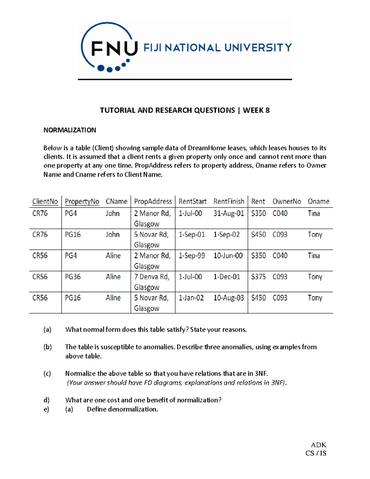 ADK CS IS Tutorial: Week 8 Normalization & Research Questions - Studocu