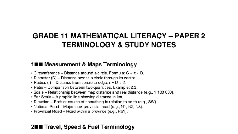 Grade 11 Maths Lit Paper 2: Key Terminology Study Notes - Studocu