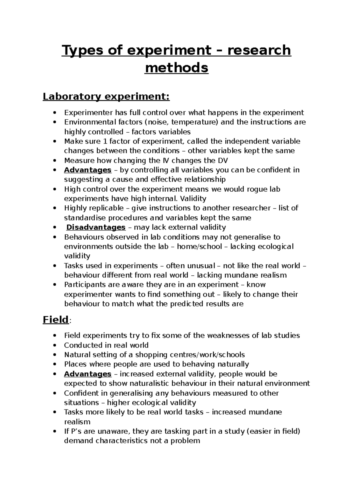 Types of Experiments in AQA Psychology: Lab vs. Field Methods - Studocu