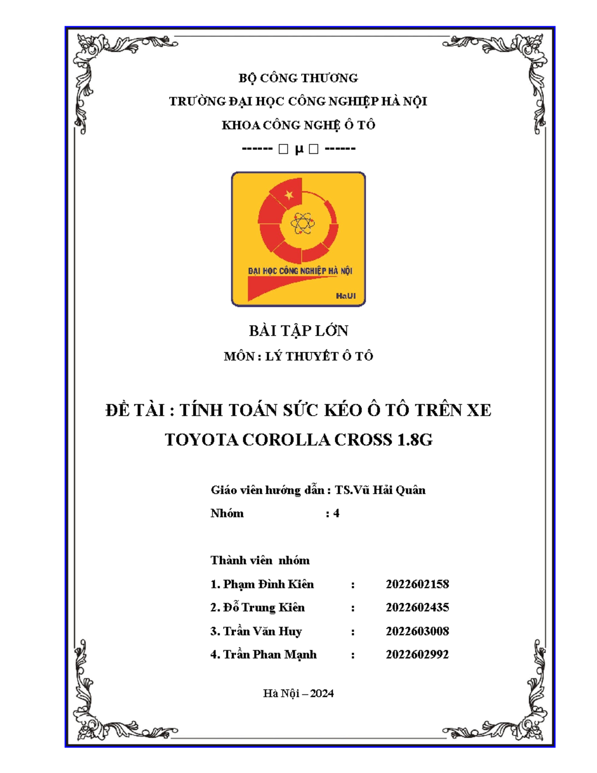LTOT BTL NHÓM 4 - TÍNH TOÁN SỨC KÉO Ô TÔ TOYOTA COROLLA CROSS - Studocu