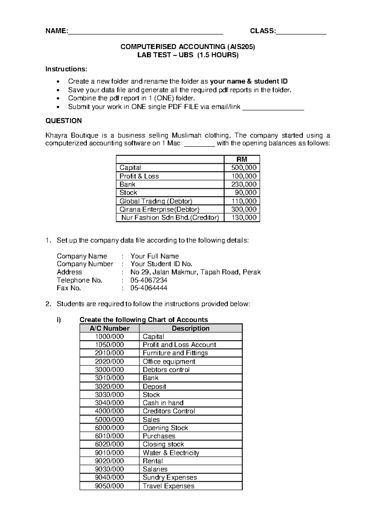 LAB TEST - UBS (AIS205) JAN 2024: COMPUTERISED ACCOUNTING SET 4 - Studocu