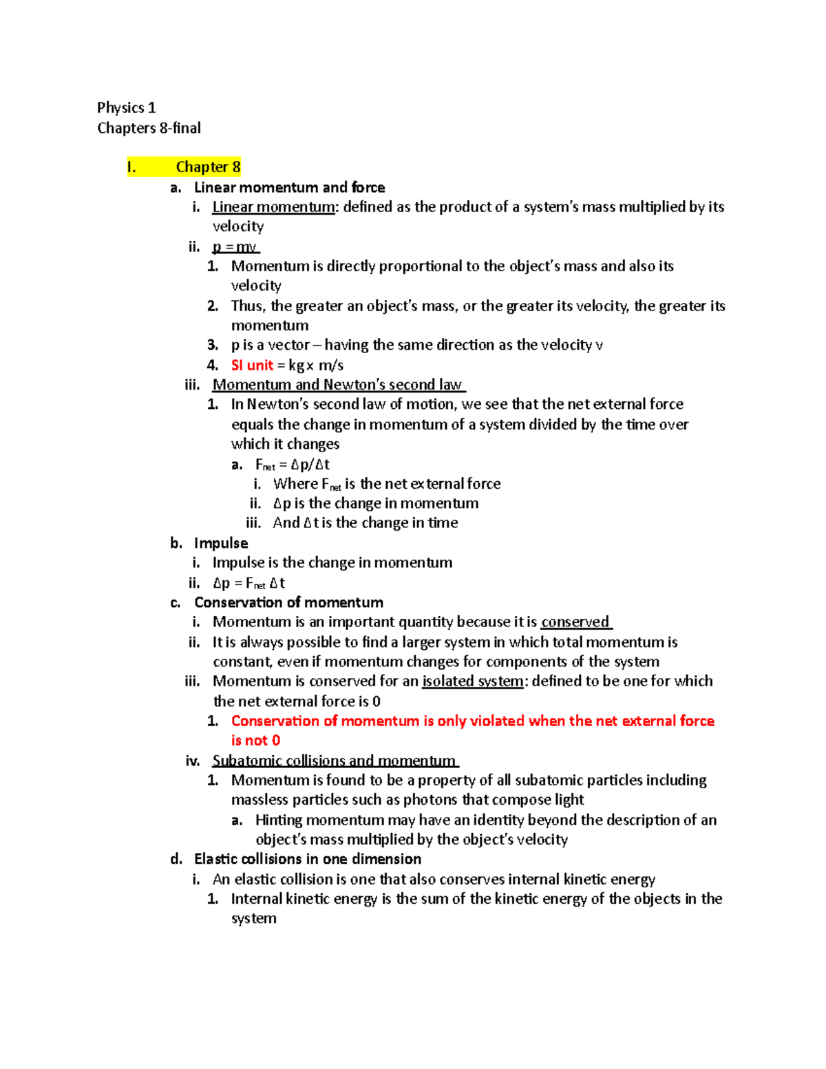 Physics 1: Chapter 8 - Final Exam Study Guide on Momentum & Force - Studocu