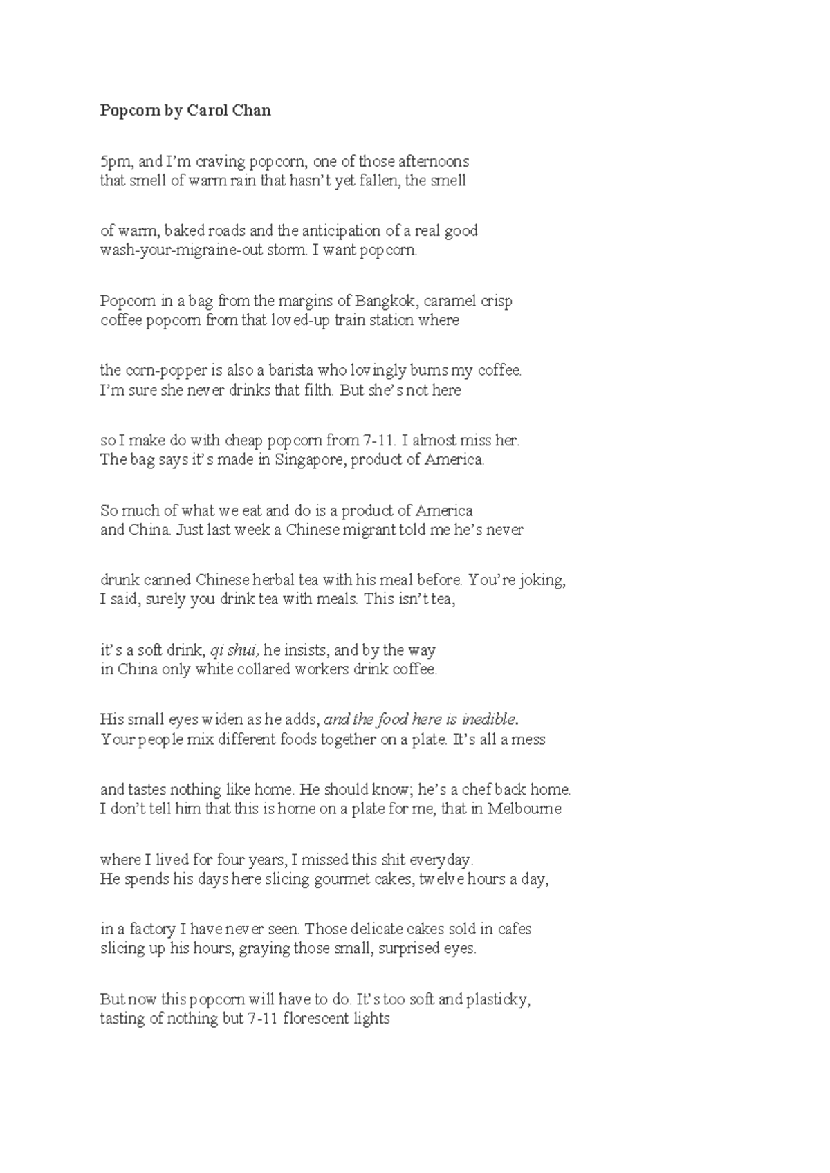 Popcorn Cravings: A Reflection by Carol Chan - Studocu
