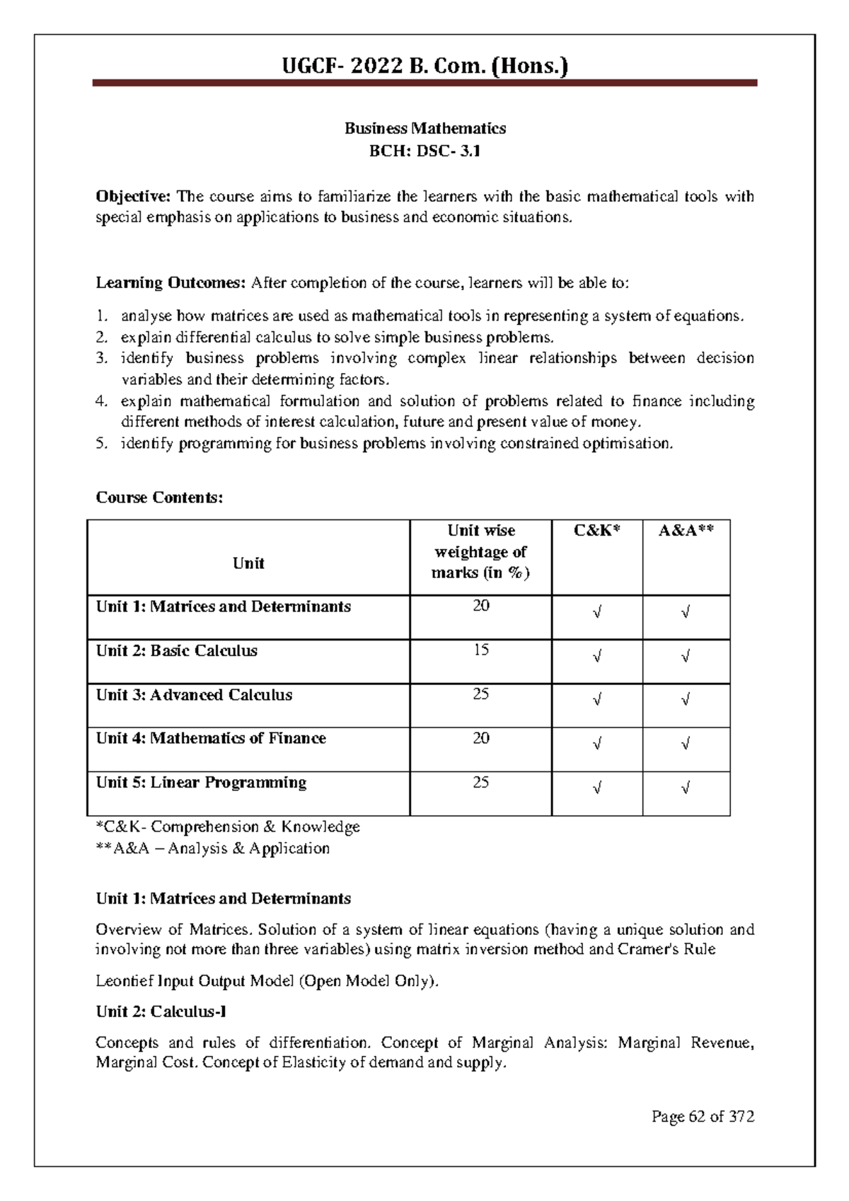 B.Com. (Hons.) BCH DSC-3 Business Mathematics & Financial Management ...