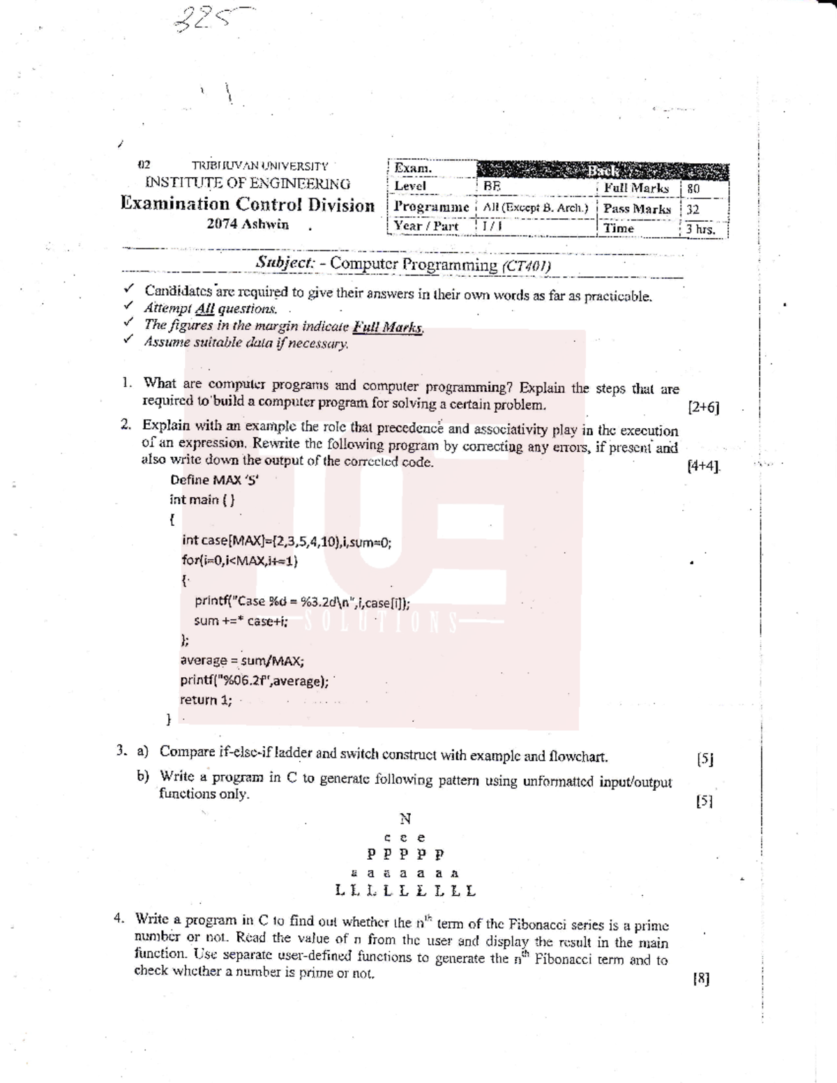 Computer Programming Exam Questions - BE (C/T40I) Final Exam - Studocu