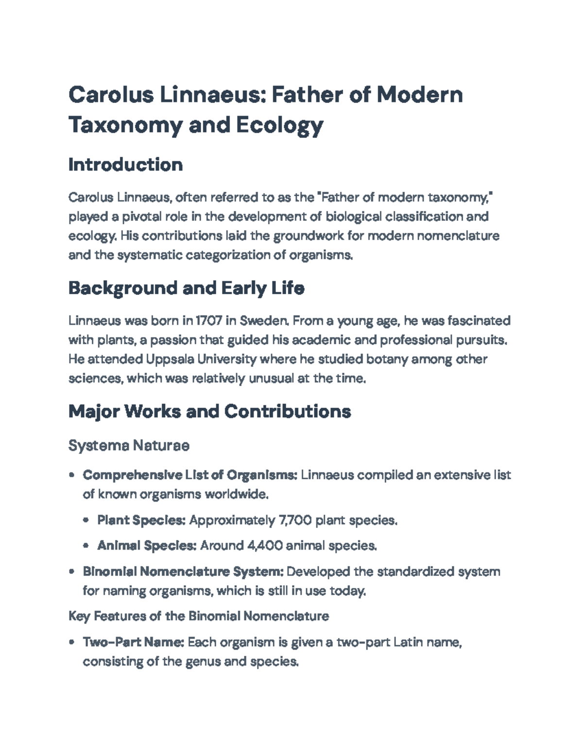 Carolus Linnaeus: Contributions to Taxonomy and Ecology - Carolus ...