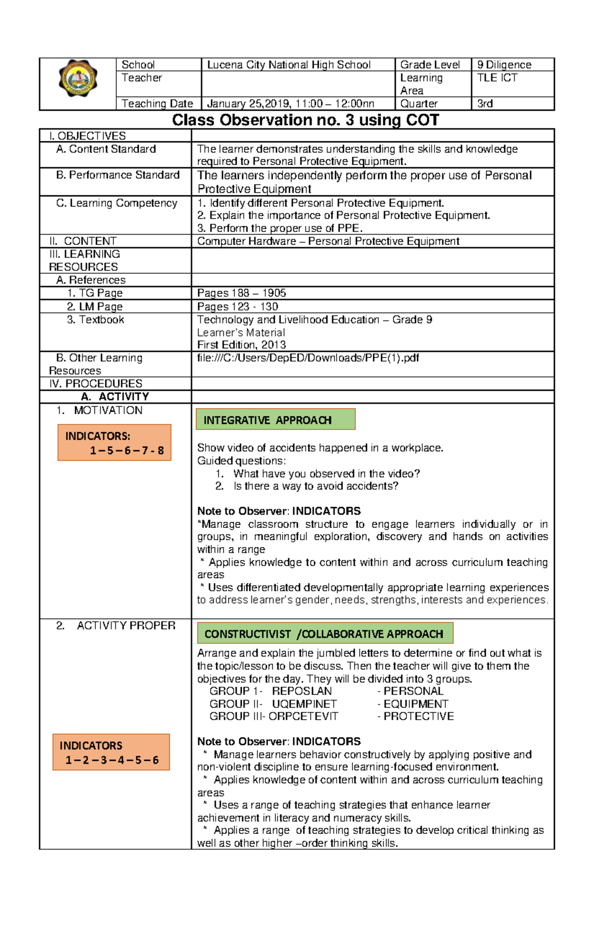 TLE 9: Personal Protective Equipment Lesson Plan and Activities - Studocu