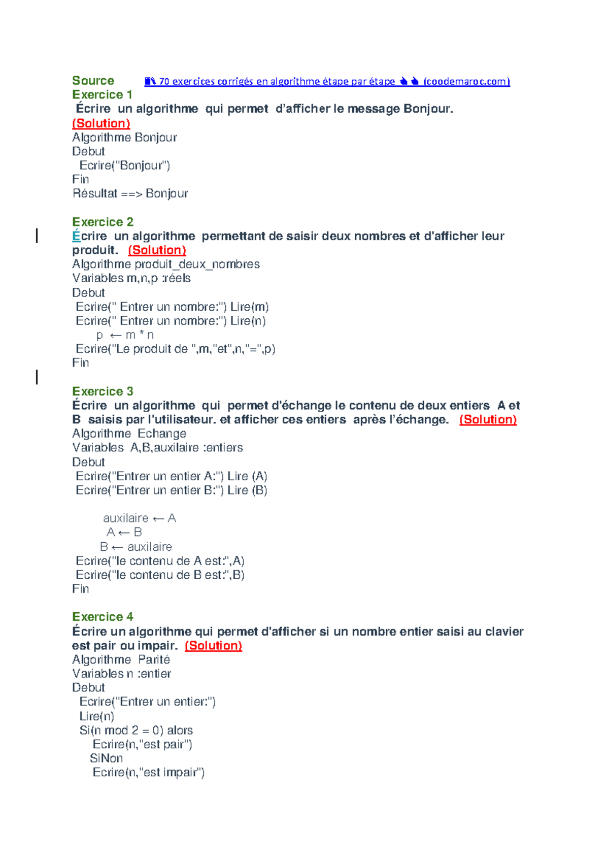 Exercices Corrigés d'Algorithmes EFM - Étape par Étape - Studocu
