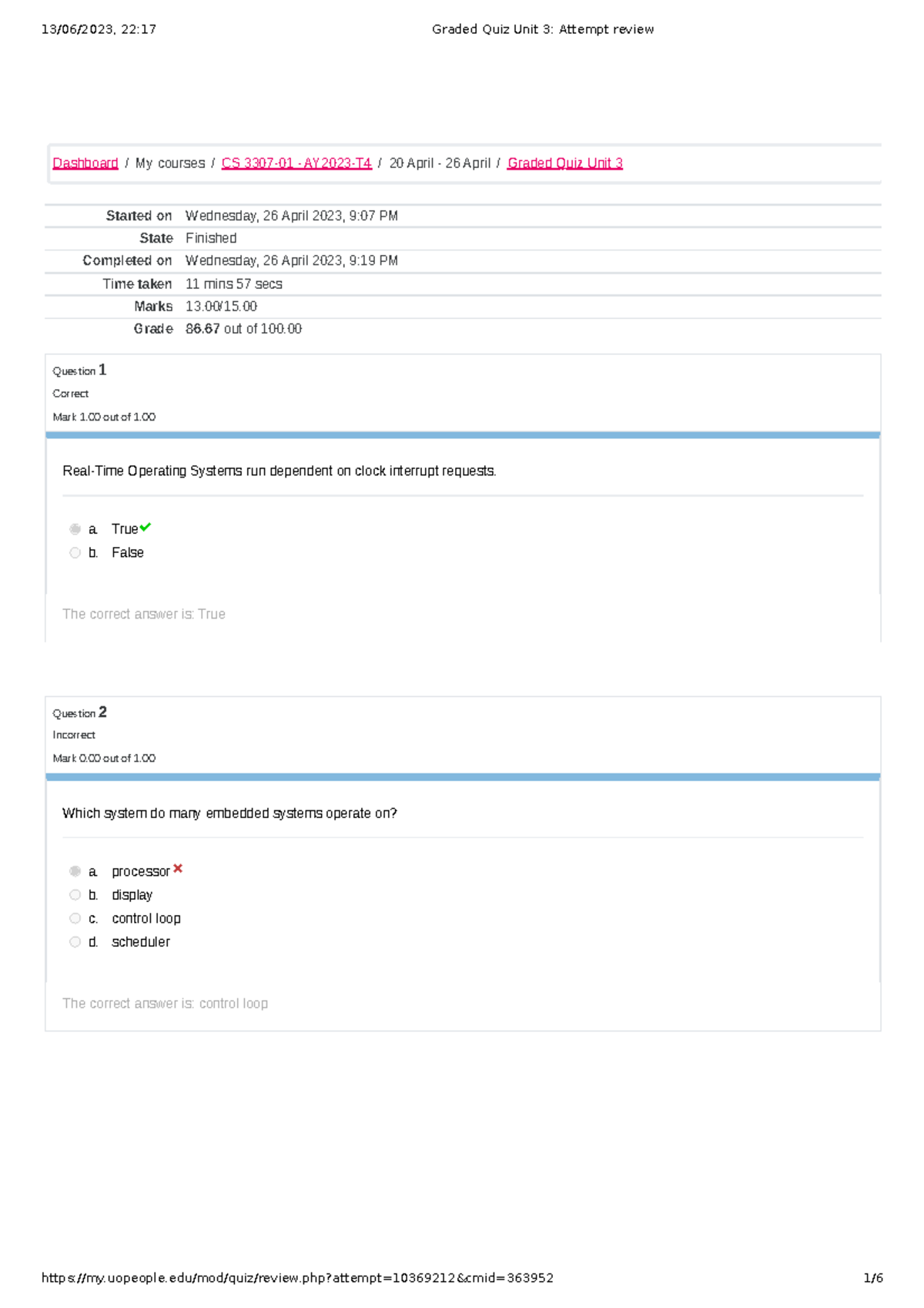 Graded Quiz Unit 3: CS 3307-01 Operating Systems Performance - Studocu