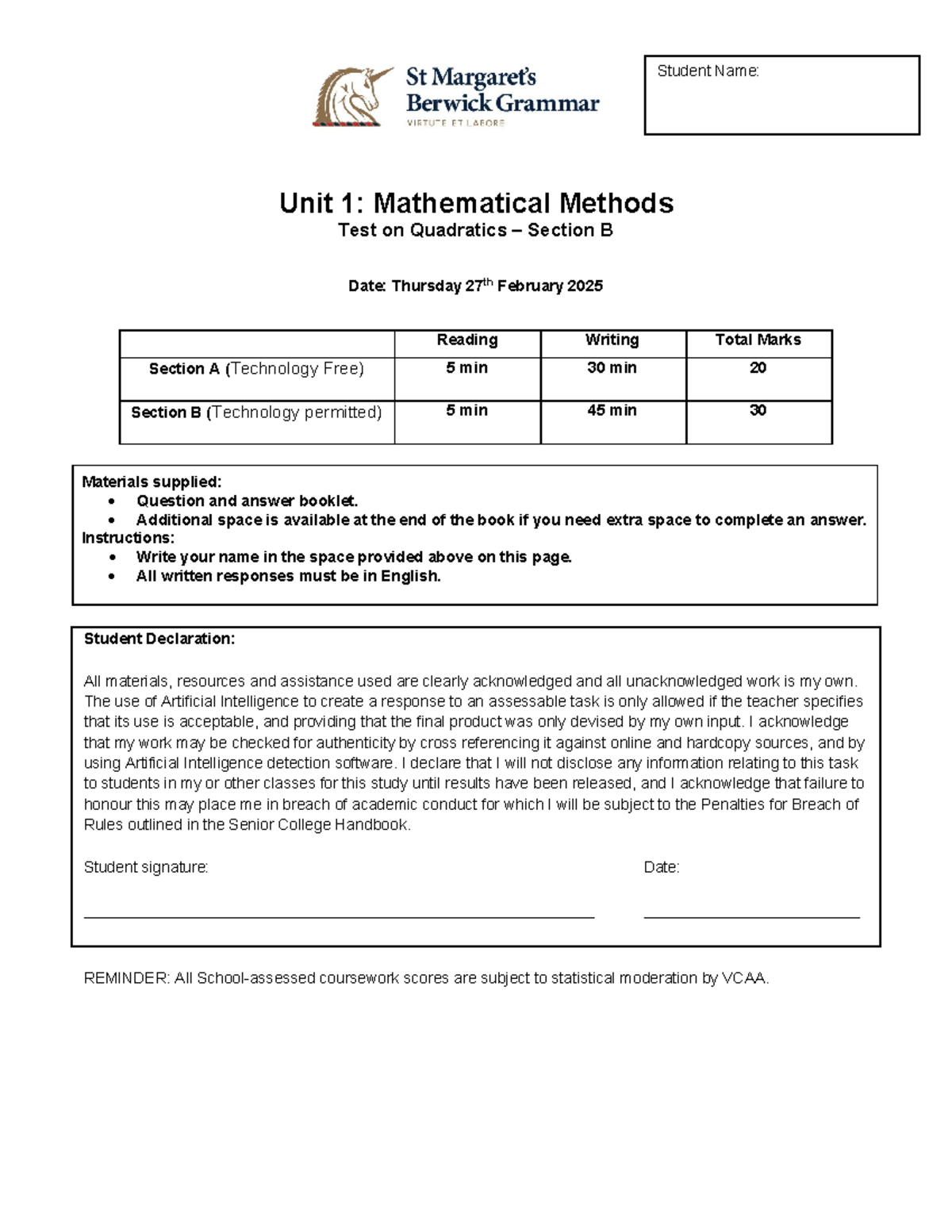 11MM - Unit 1 Test: Mathematical Methods on Quadratics 2025 - Studocu