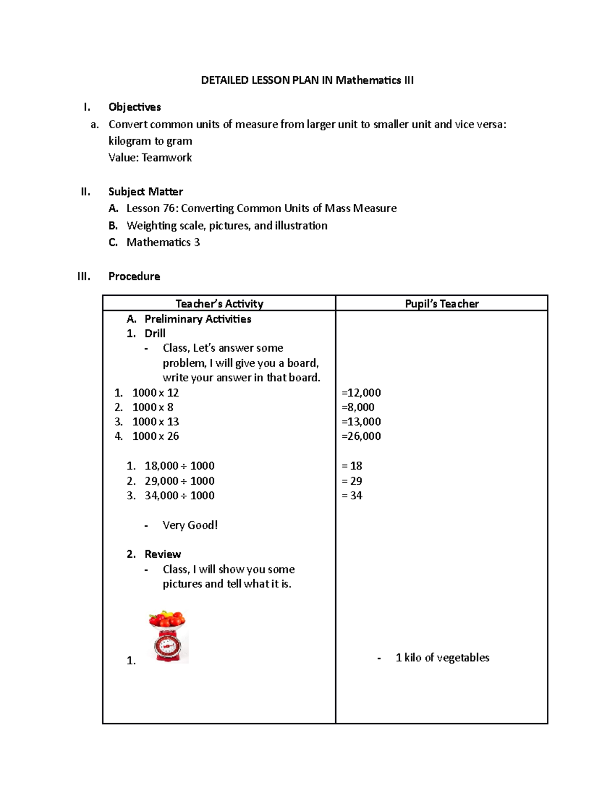 Detailed Lesson Plan for Mathematics III: Converting Mass Units - Studocu