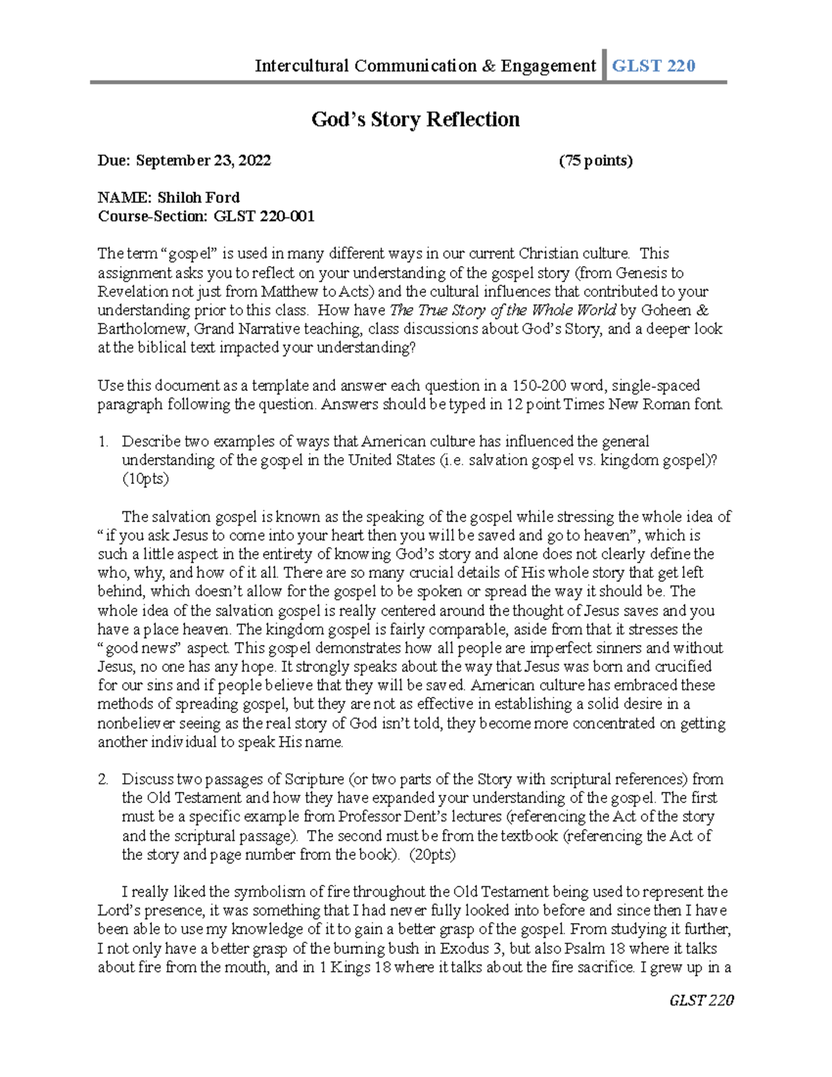 GLST 220 God’s Story Reflection: Cultural Insights and Gospel ...