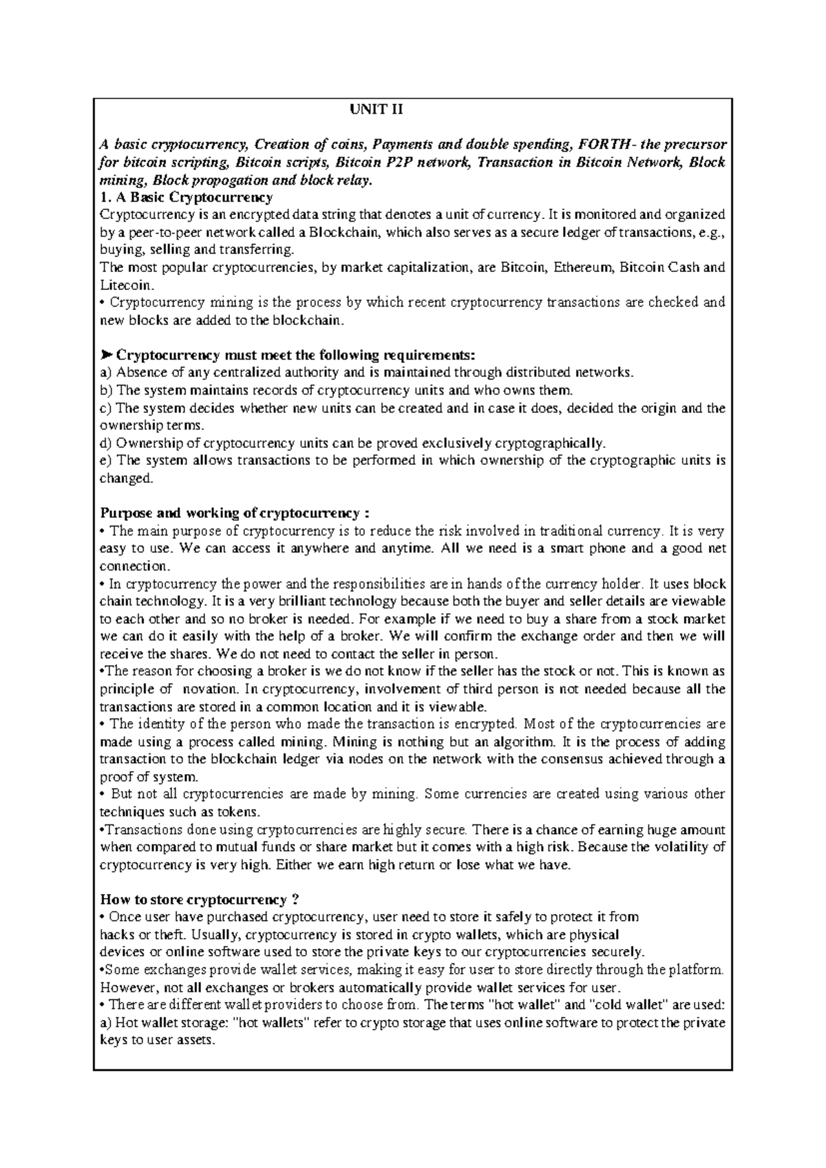 Final Exam Study Notes: Cryptocurrency Concepts & Blockchain (UNIT II ...