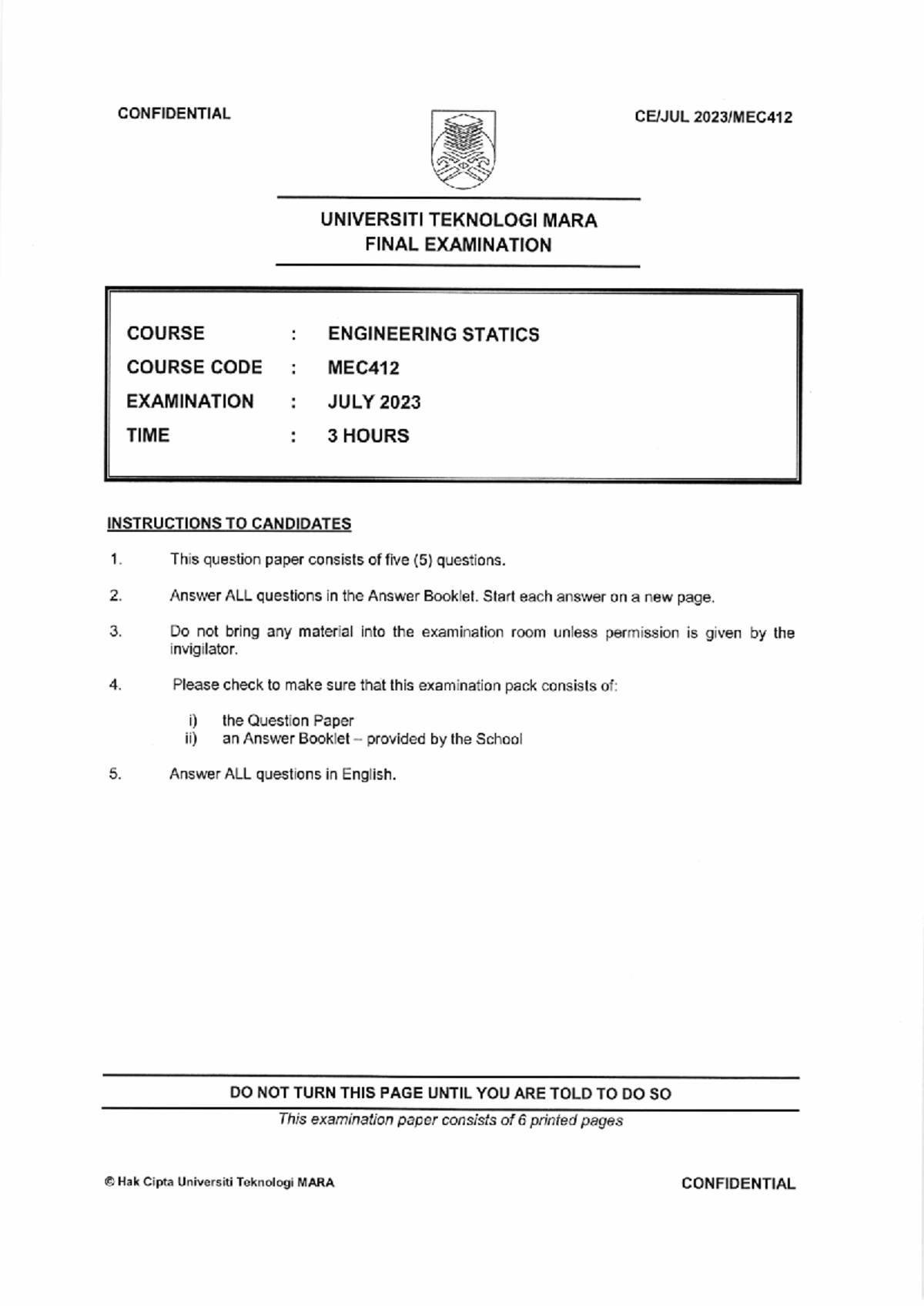 20232 MEC412 Final Exam Paper - Engineering Statics July 2023 - Studocu