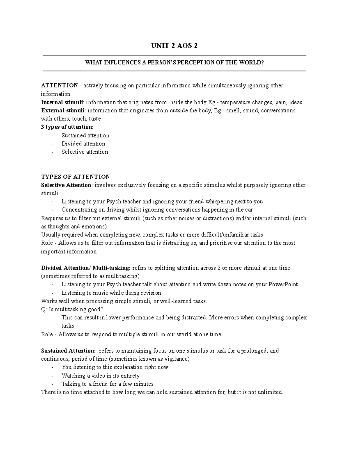 Psych Unit 2 AOS 2: Influences on Perception and Attention - Studocu