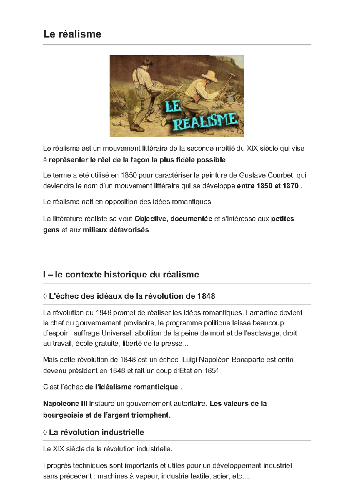 LE- Réalisme : Analyse du Mouvement Littéraire du XIXe Siècle - Studocu