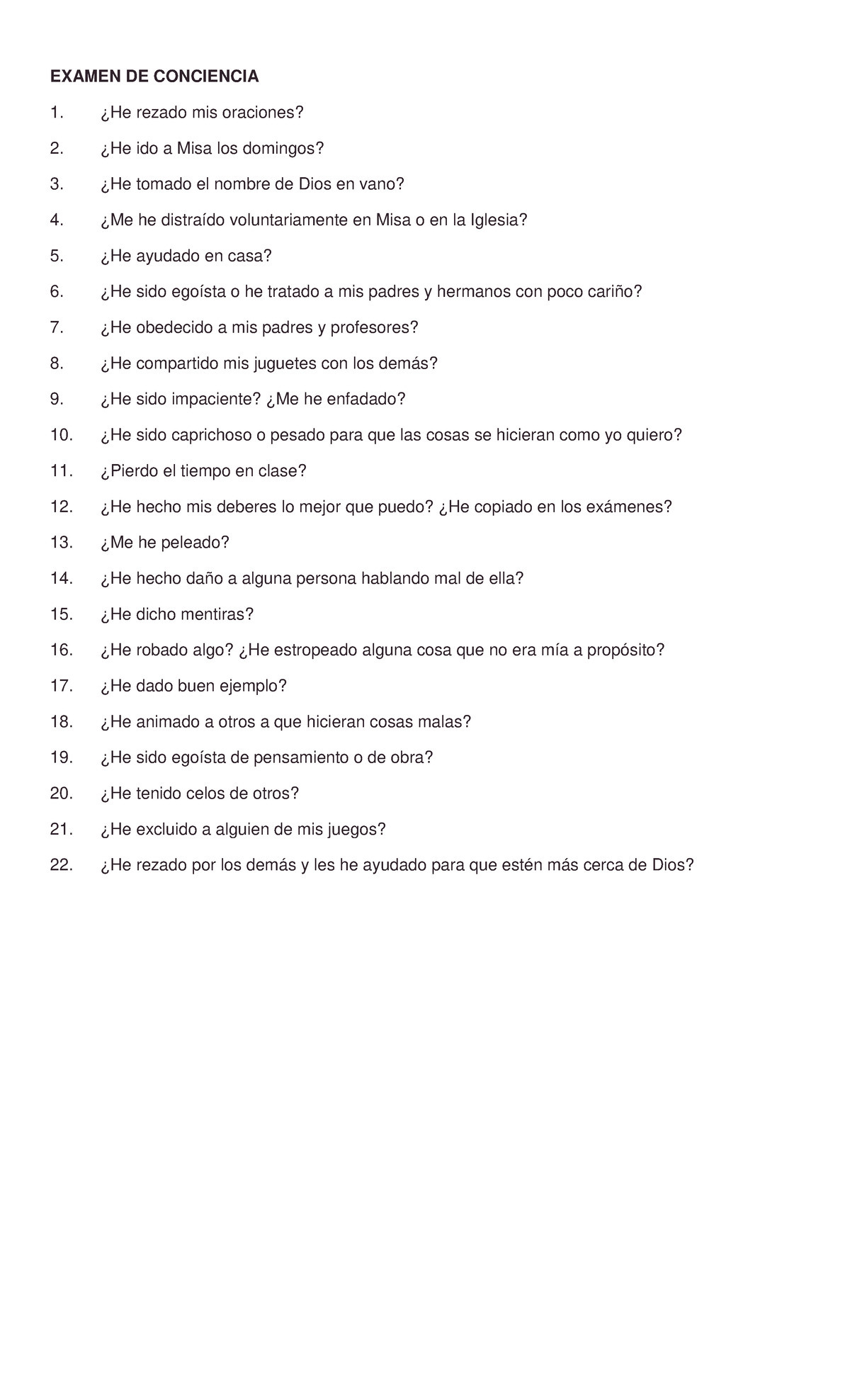 Examen de Conciencia para la Primera Confesión de Niños - Studocu