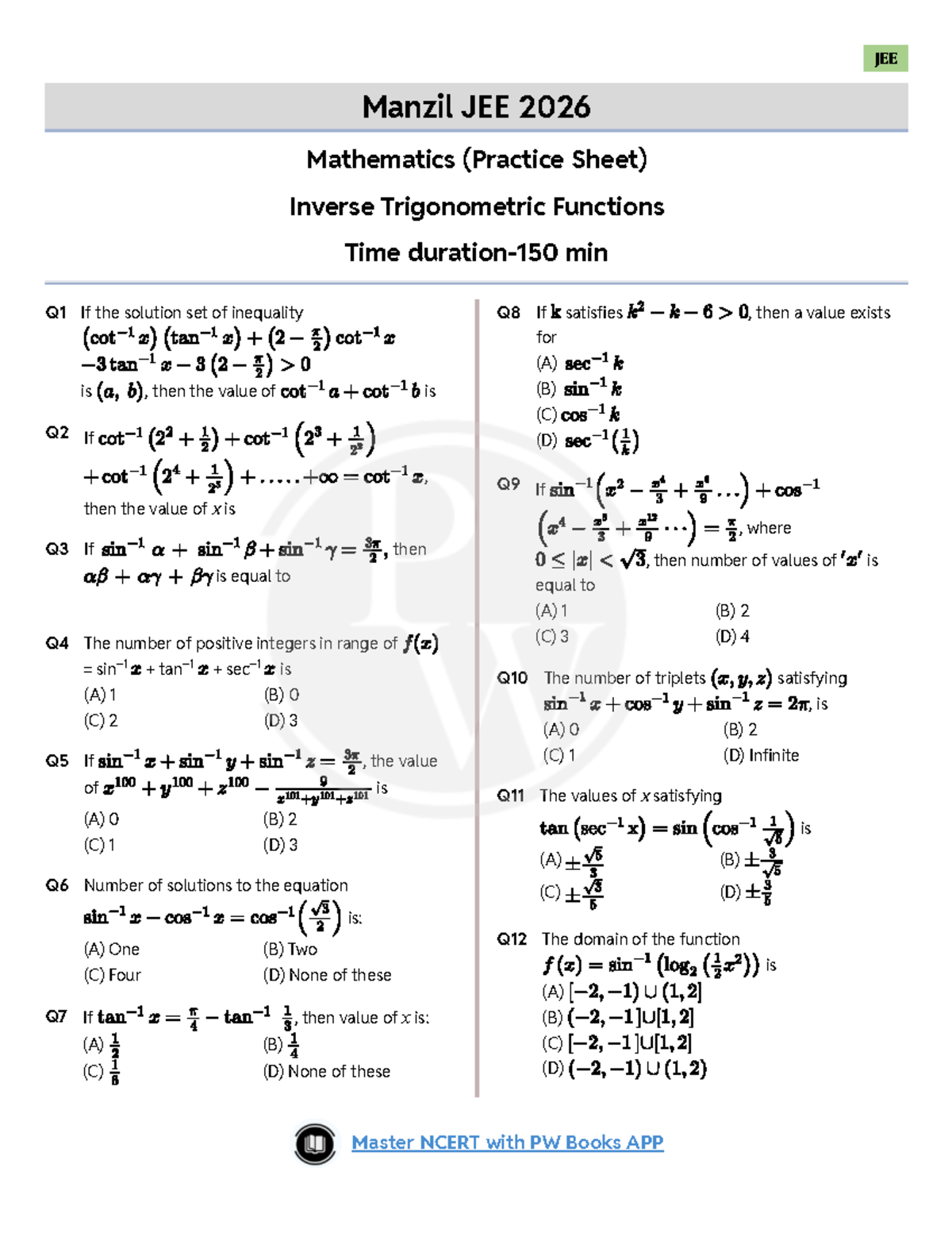 JEE 2026 DPP: Inverse Trigonometric Functions Practice Sheet - Studocu