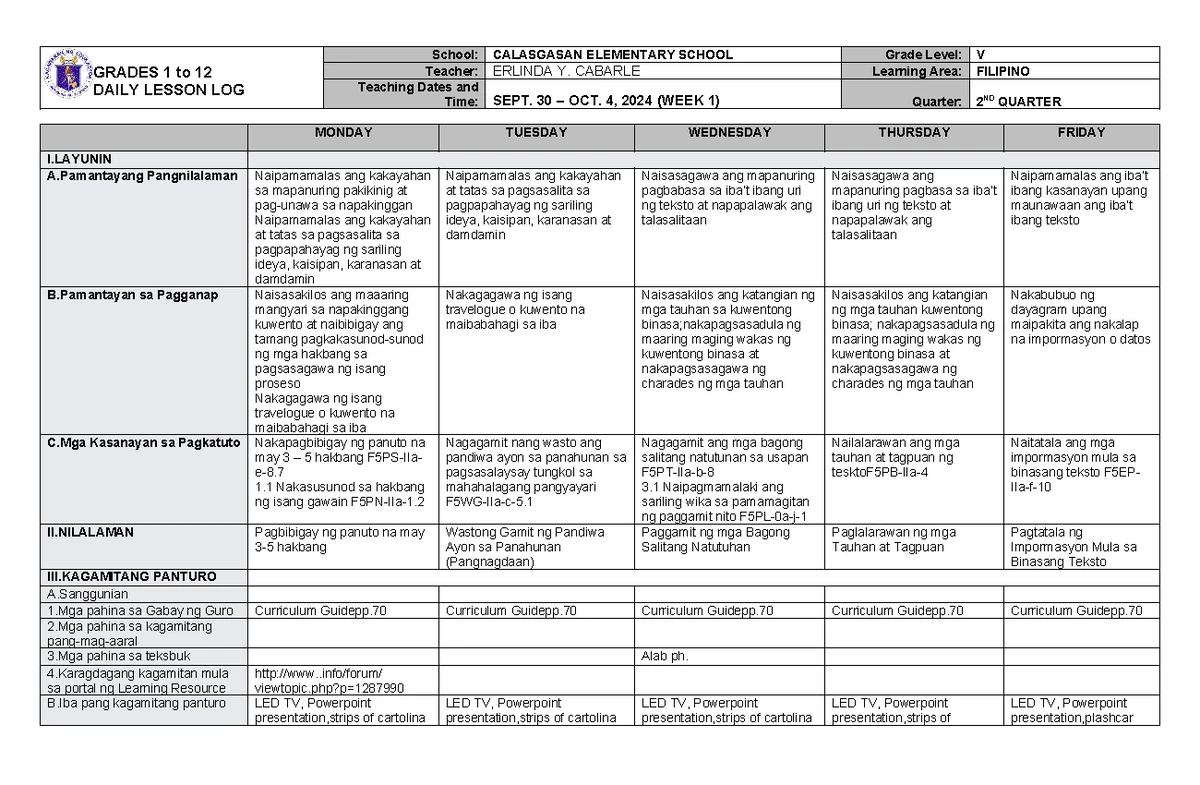 DLL Filipino 5 Q4 W2 - Week 2 Daily Lesson Plan for Grade V - Studocu