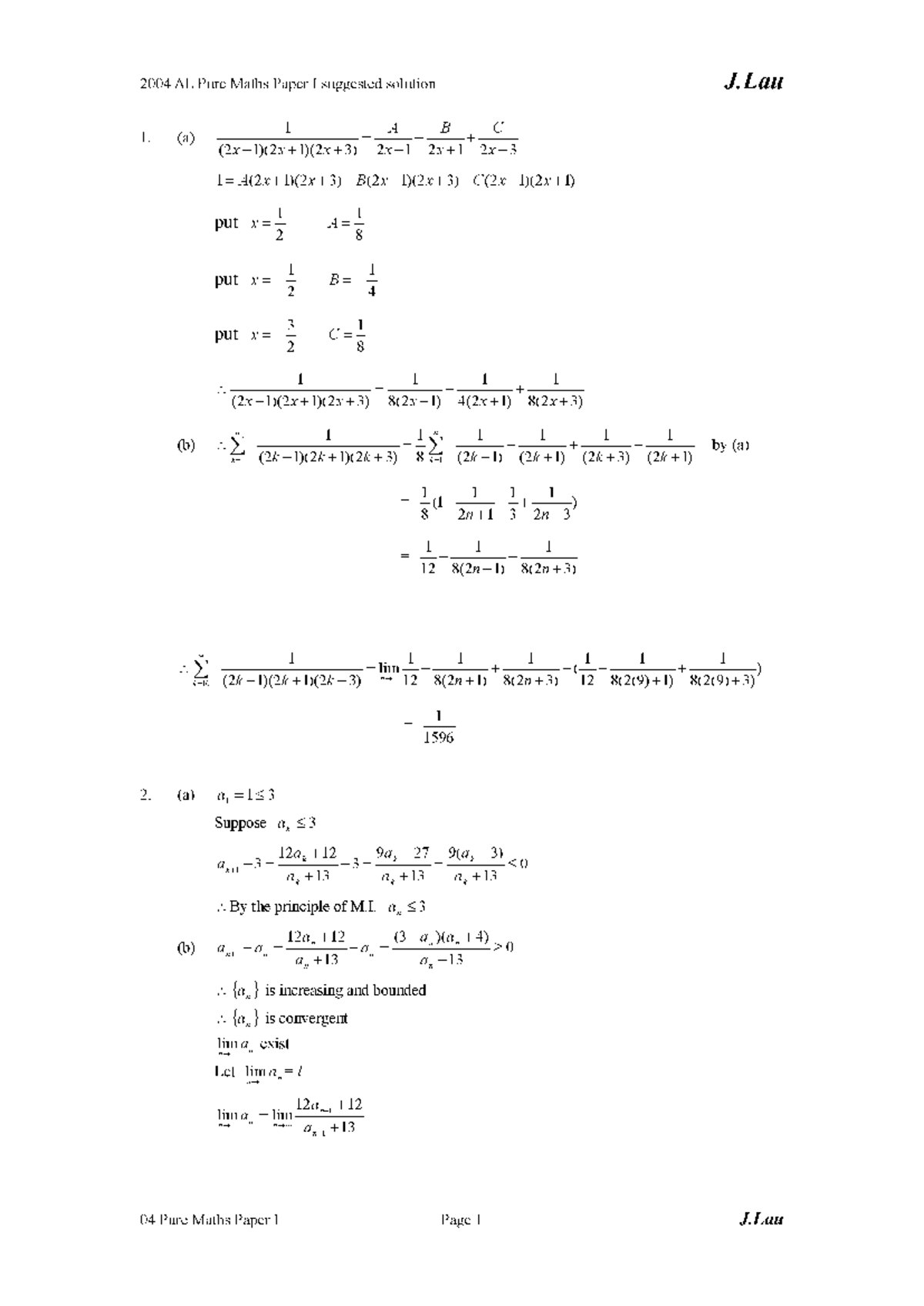 2004 AL Pure Maths Paper I & II Suggested Solutions by J. Lau - Studocu