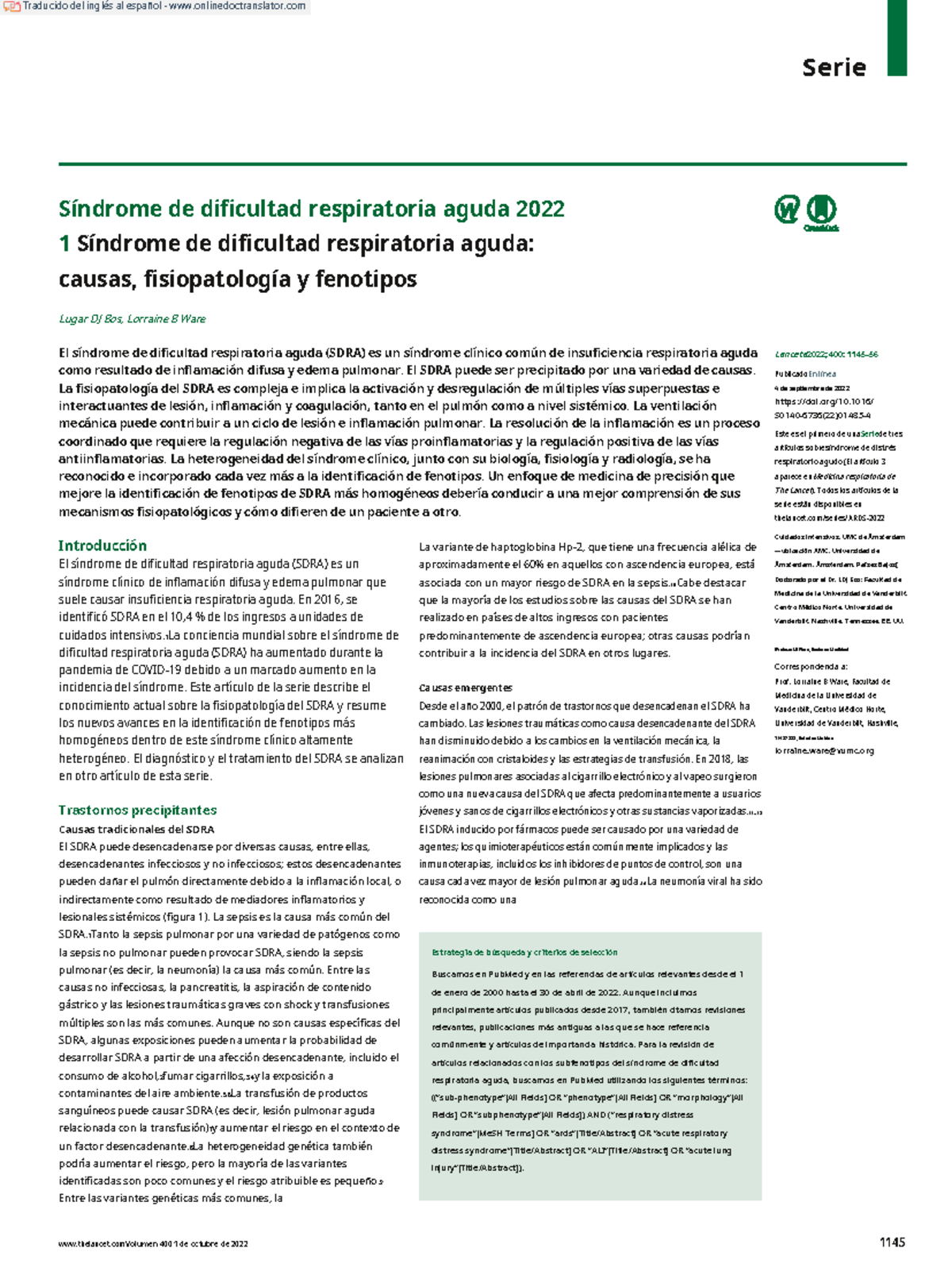 Causas y Fisiopatología del SDRA: Serie 2022 - Artículo 1 - Studocu