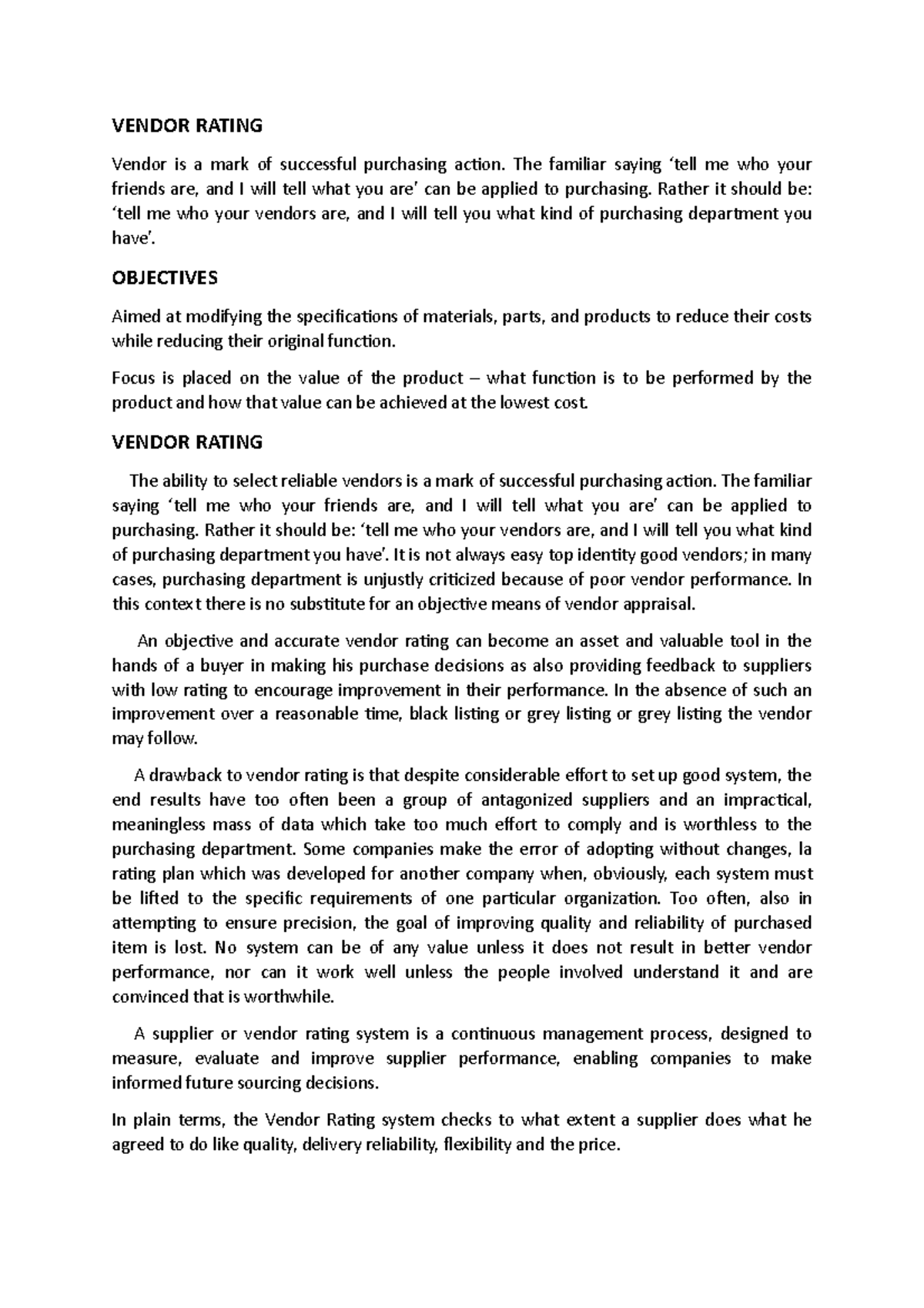 Vendor Rating and Performance Evaluation in Purchasing Management - Studocu